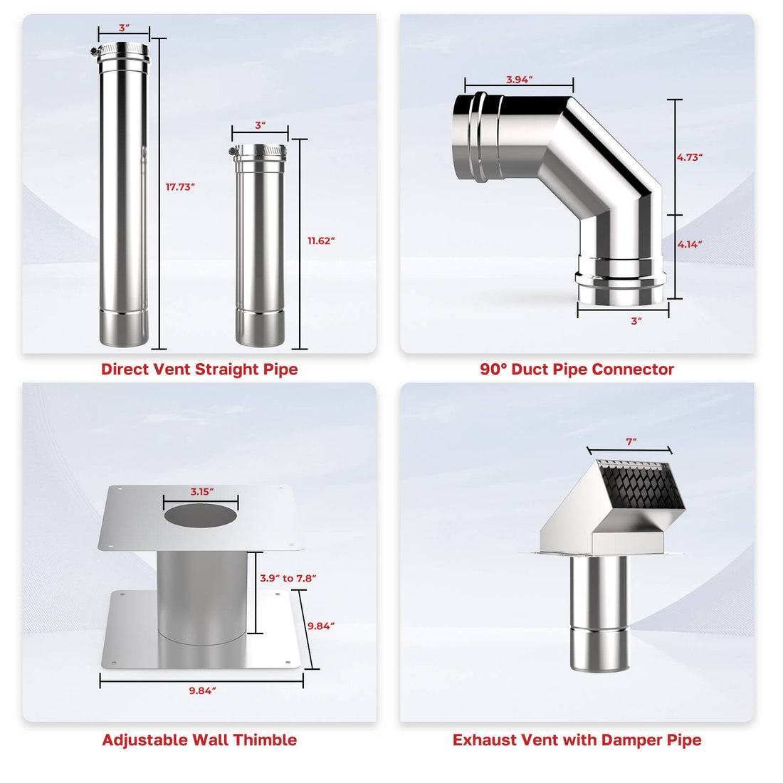 ThermoMate 3" Horizontal Stainless Steel Vent Pipe Kit