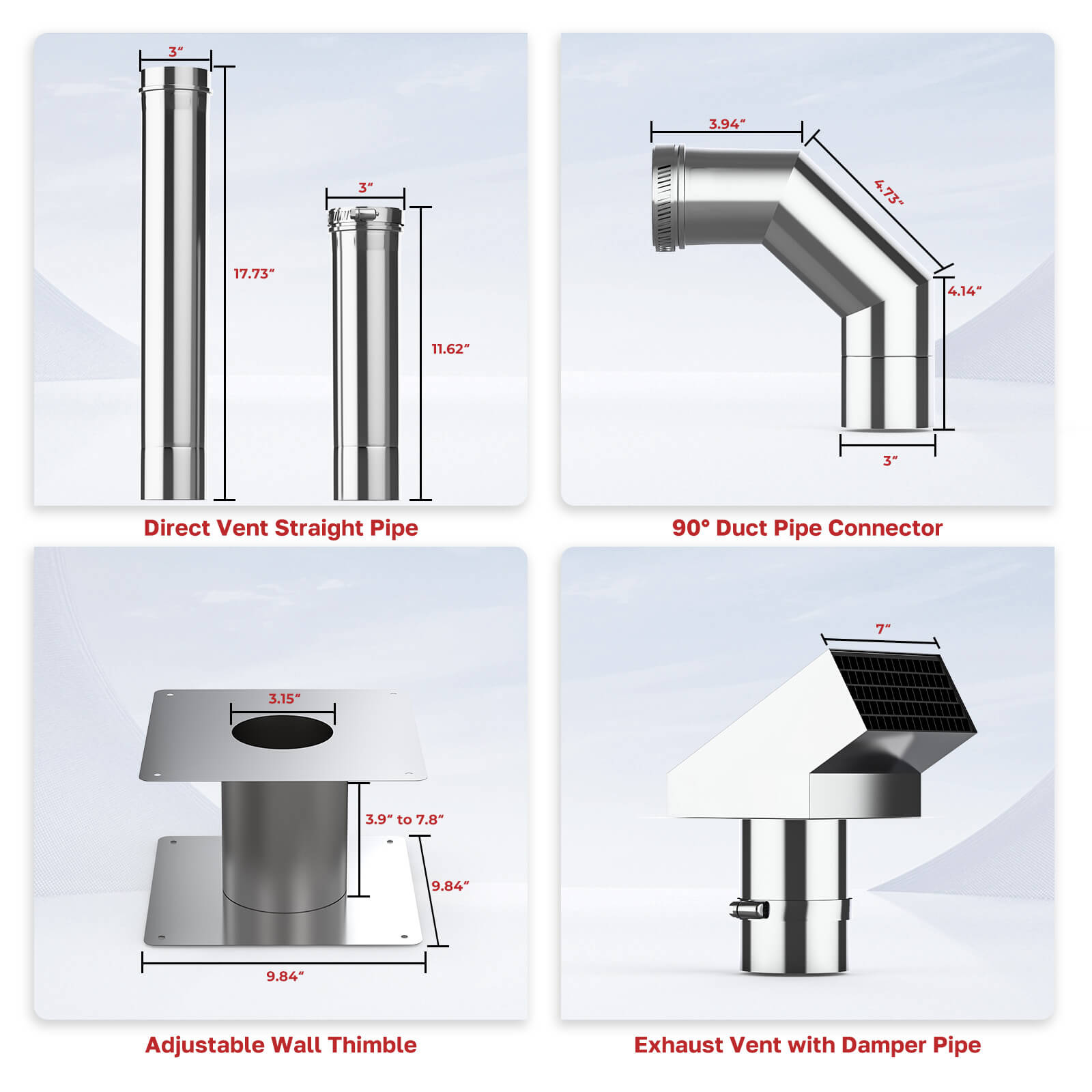 ThermoMate 3" Horizontal Stainless Steel Vent Pipe Kit
